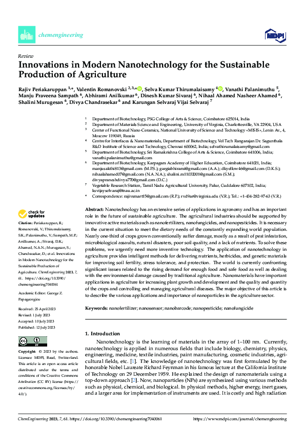 (PDF) Innovations in Modern Nanotechnology for the Sustainable Production of Agriculture