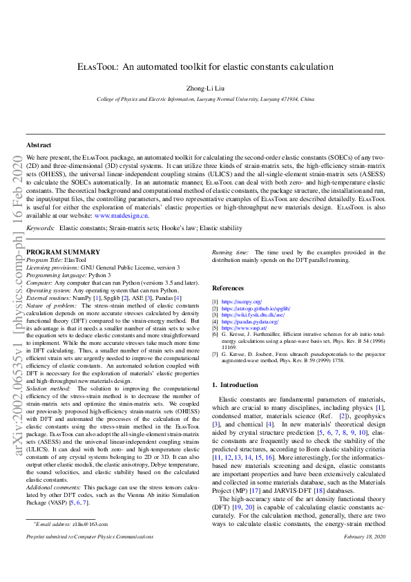 (PDF) ElasTool: An automated toolkit for elastic constants calculation