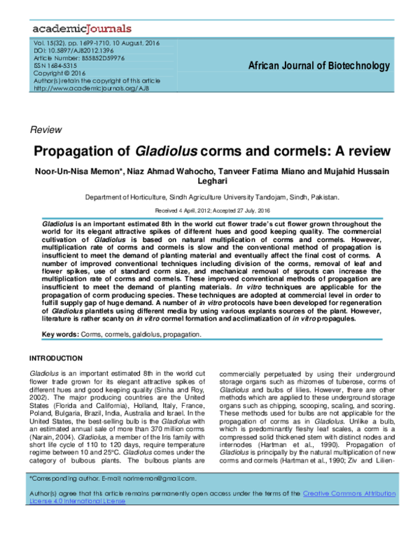 (PDF) Propagation of Gladiolus corms and cormels: A review
