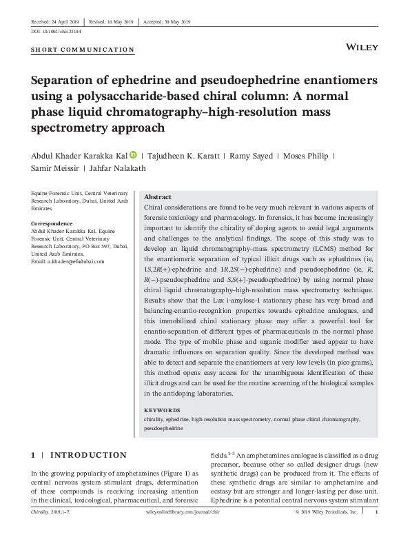 (PDF) Separation of ephedrine and pseudoephedrine enantiomers using a polysaccharide‐based ...