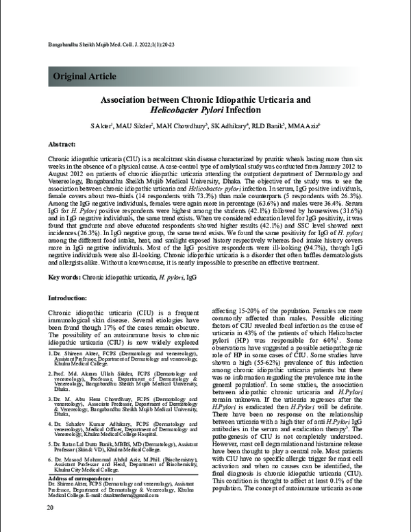 (PDF) Association between Chronic Idiopathic Urticaria and Helicobacter Pylori Infection
