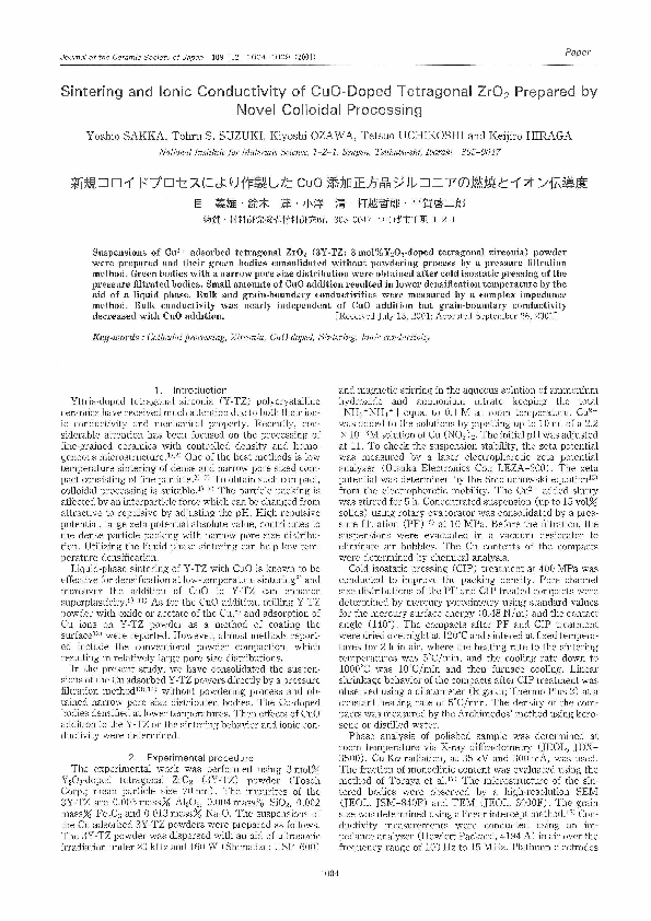 (PDF) Sintering and Ionic Conductivity of CuO-Doped Tetragonal ZrO2 ...
