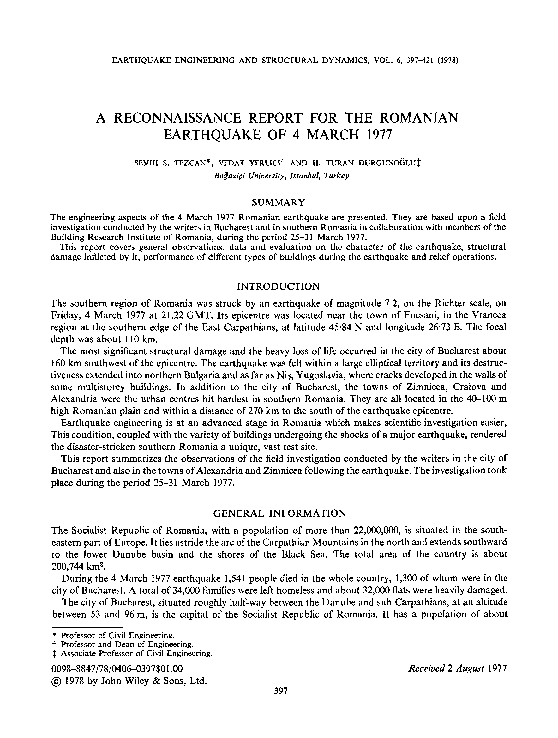 (PDF) A reconnaissance report for the Romanian earthquake of 4 March 1977