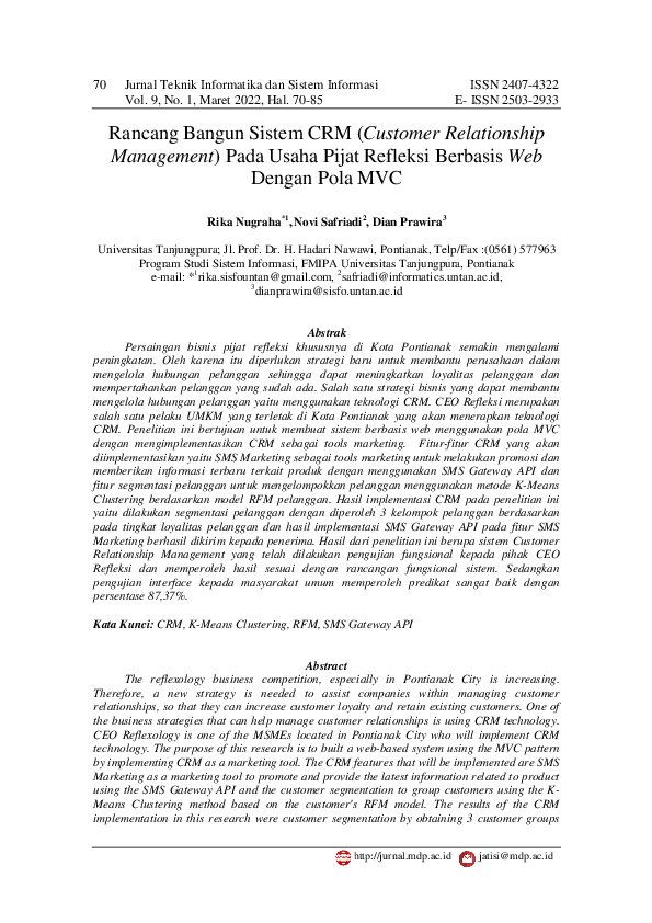 (PDF) Rancang Bangun Sistem CRM (Customer Relationship Management) Berbasis Web Dengan Pola MVC
