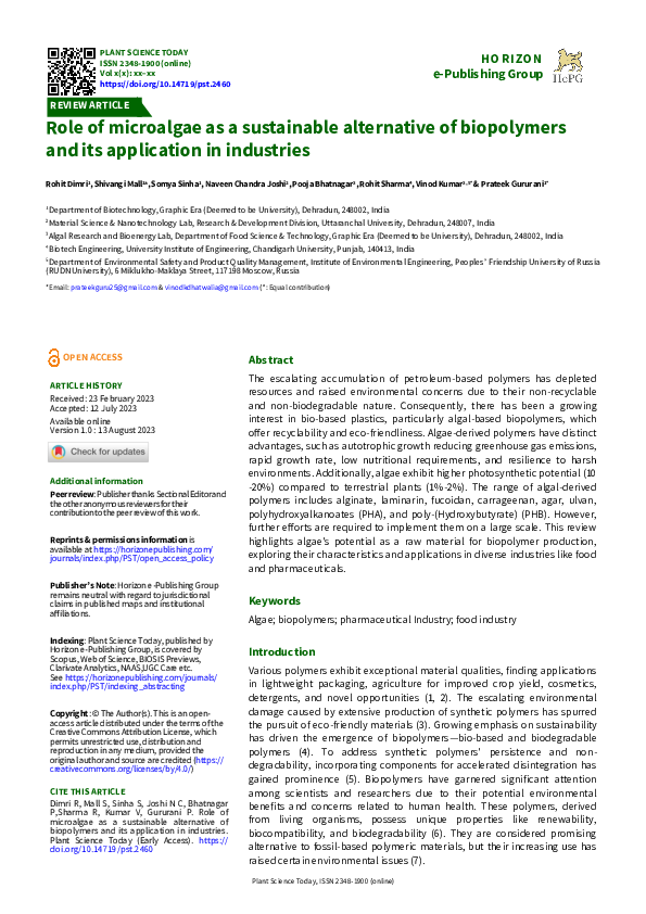 (PDF) Role of microalgae as a sustainable alternative of biopolymers and its application in ...