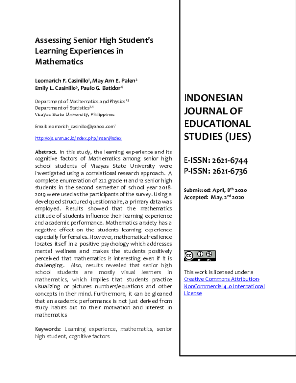 (PDF) Assessing Senior High Student's Learning Experiences in Mathematics
