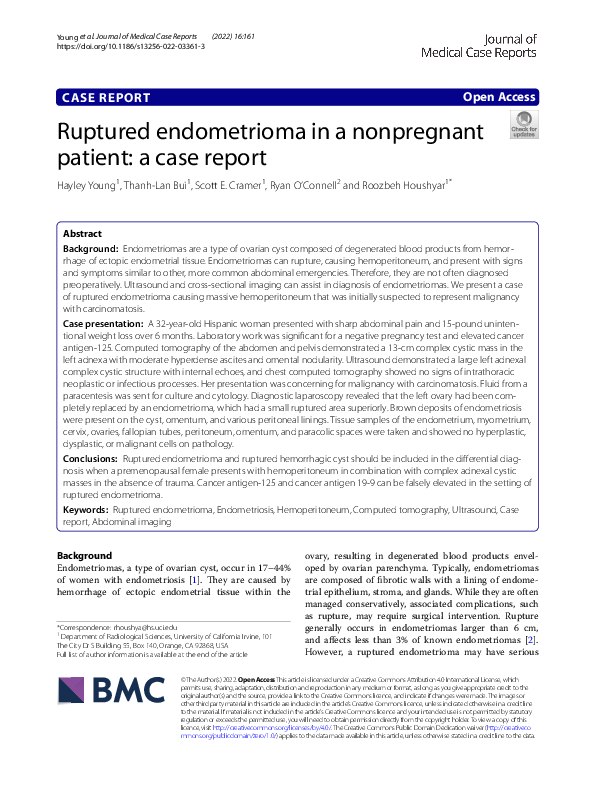(PDF) Ruptured endometrioma in a nonpregnant patient: a case report