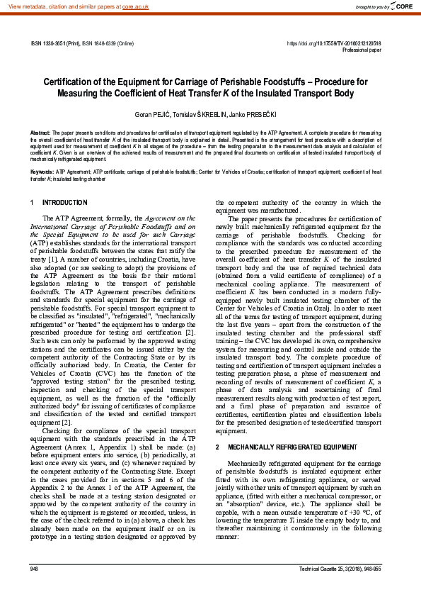 (PDF) Certification of the Equipment for Carriage of Perishable ...
