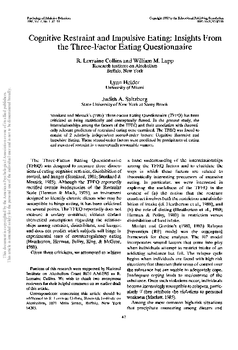 (PDF) Cognitive restraint and impulsive eating: Insights from the Three ...