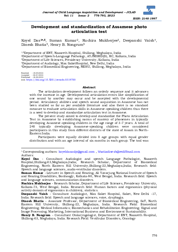 (PDF) Development and standardization of Assamese photo articulation test