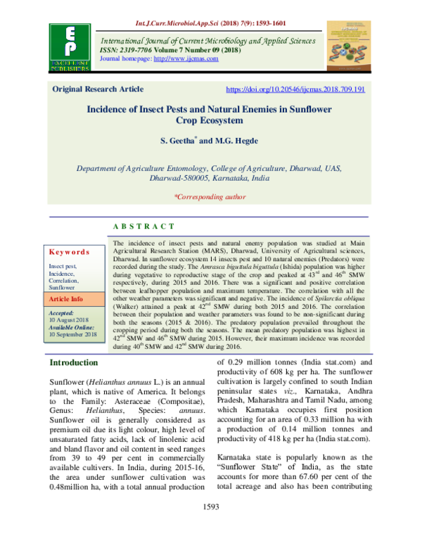 Pdf Population Dynamics Of Sunflower Insect Pests And Their Natural Enemies