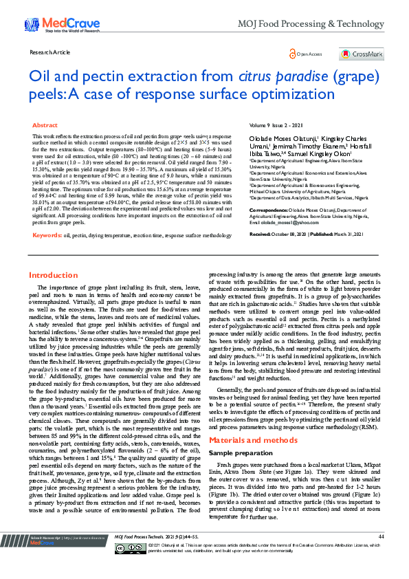 (PDF) Oil and pectin extraction from citrus paradise(grape) peels: A case of response surface ...
