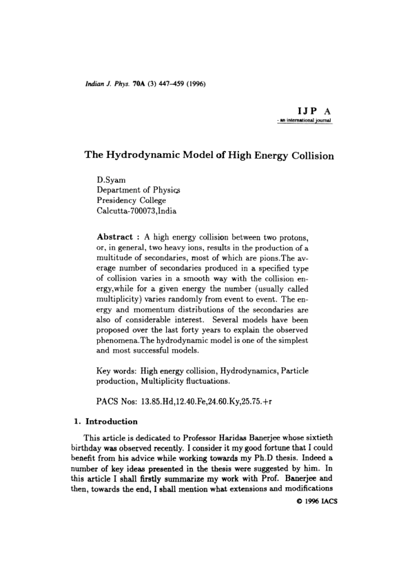 (PDF) The Hydrodynamic Model of High Energy Collision