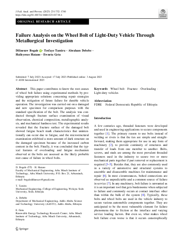 (PDF) Failure Analysis on the Wheel Bolt of Light-Duty Vehicle Through ...