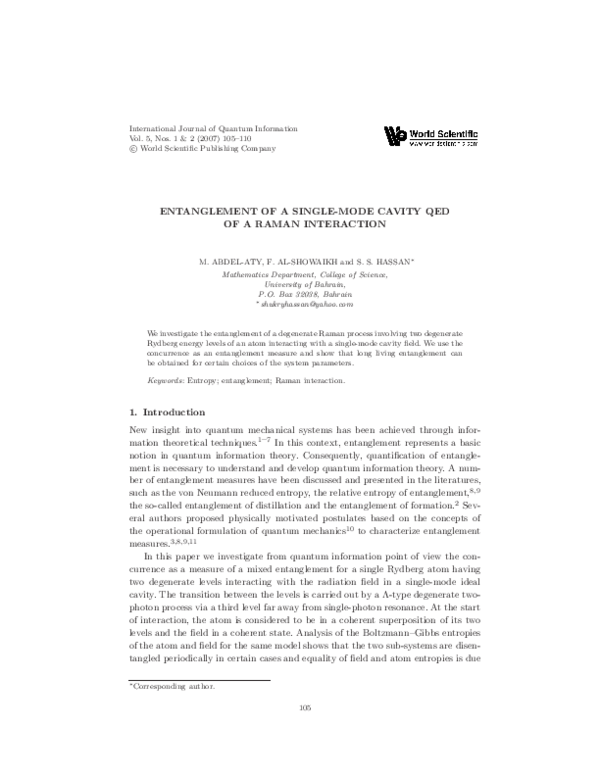 (PDF) Entanglement of a Single-Mode Cavity Qed of a Raman Interaction