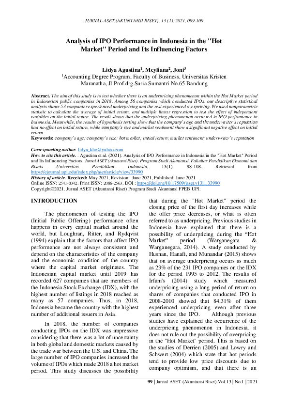 (PDF) Analysis of IPO Performance in Indonesia in the "Hot Market" Period and Its Influencing ...
