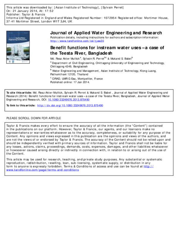 (PDF) Benefit functions for instream water uses – a case of the Teesta River, Bangladesh