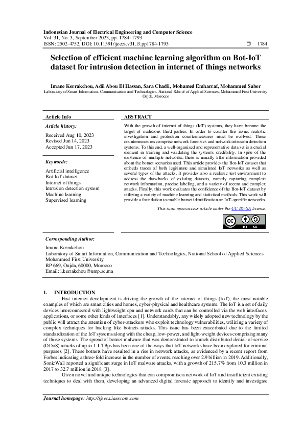 Pdf Efficient Ml Algorithms For Iot Intrusion Detection 