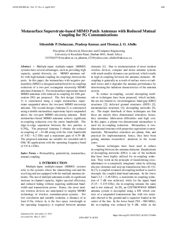 Pdf Metasurface Superstrate Based Mimo Patch Antennas With Reduced Mutual Coupling For 5g