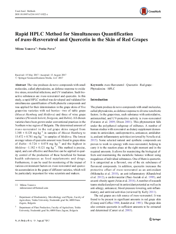 (PDF) Rapid HPLC Method for Simultaneous Quantification of trans-Resveratrol and Quercetin in ...