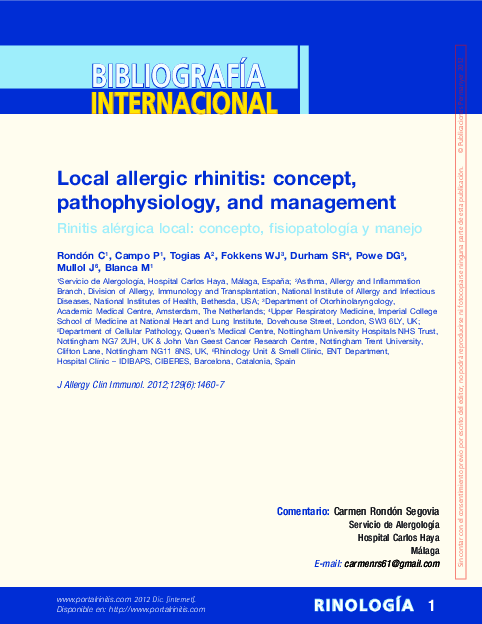 (PDF) Local allergic rhinitis: Concept, pathophysiology, and management