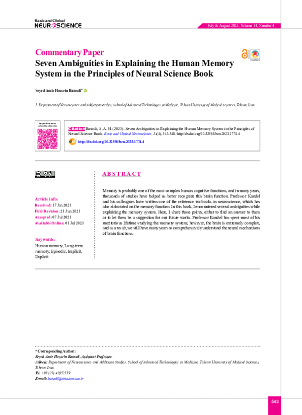 (PDF) Seven Ambiguities in Explaining the Human Memory System in the Principles of Neural ...