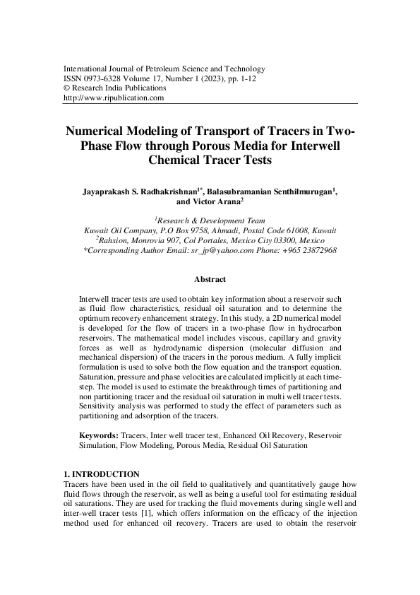 (PDF) Numerical Modeling of Transport of Tracers in Two-Phase Flow through Porous Media for ...