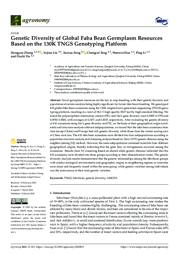 (PDF) Genetic Diversity of Global Faba Bean Germplasm Resources Based ...