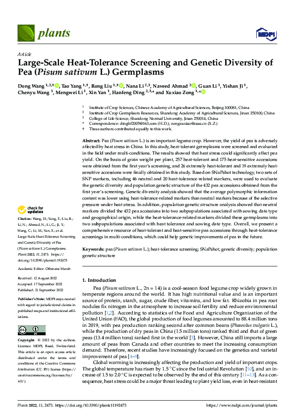 (PDF) Large-Scale Heat-Tolerance Screening and Genetic Diversity of Pea ...