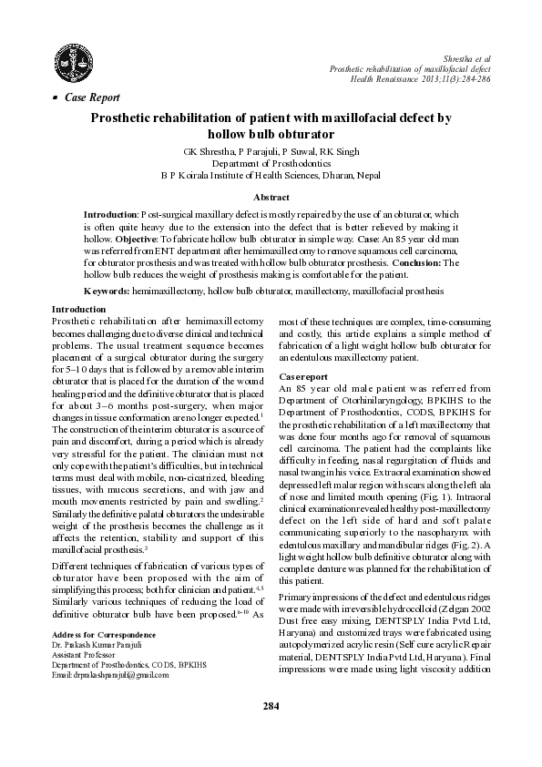 (PDF) Prosthetic rehabilitation of patient with maxillofacial defect by ...
