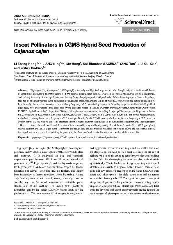 (PDF) Insect Pollinators in CGMS Hybrid Seed Production of Cajanus cajan