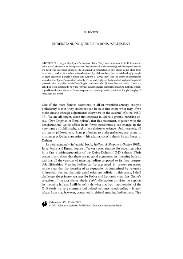 (PDF) Understanding Quine's Famous `Statement