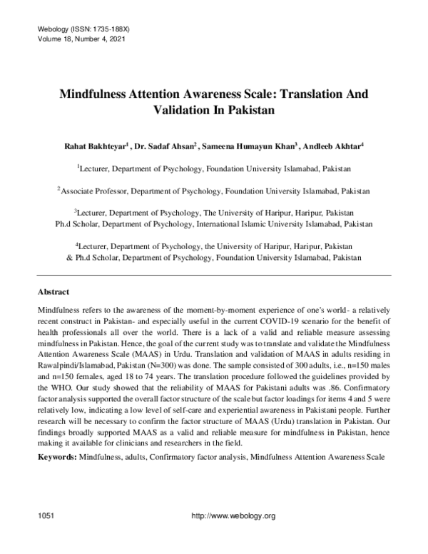 (PDF) Mindfulness Attention Awareness Scale: Translation And Validation ...