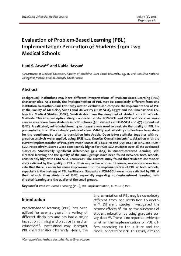 (PDF) Evaluation of Problem-Based Learning (PBL) Implementation: Perception of Students from Two ...