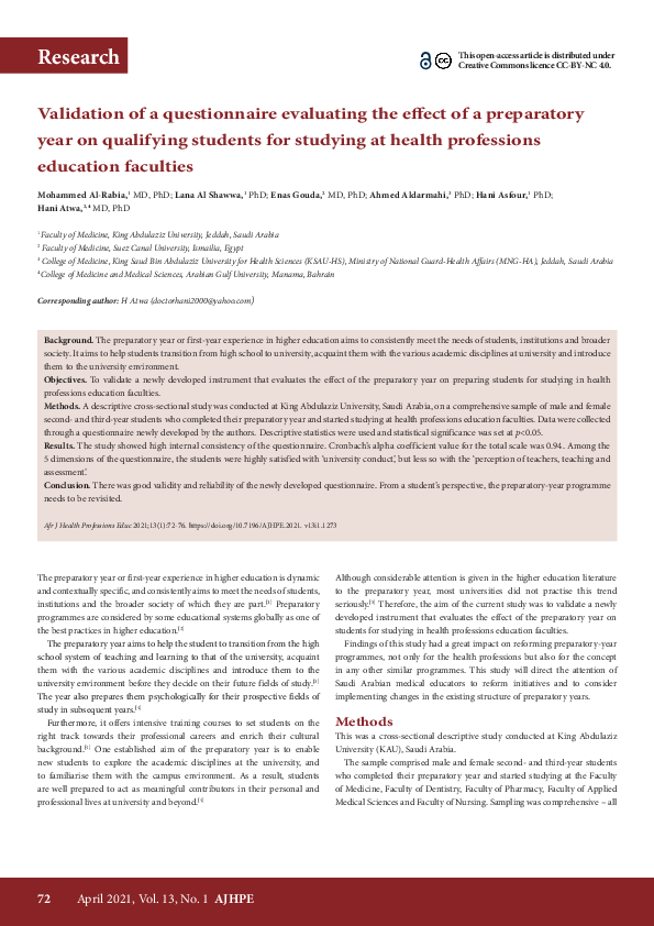 (PDF) Validation of a questionnaire evaluating the effect of a preparatory year on qualifying ...