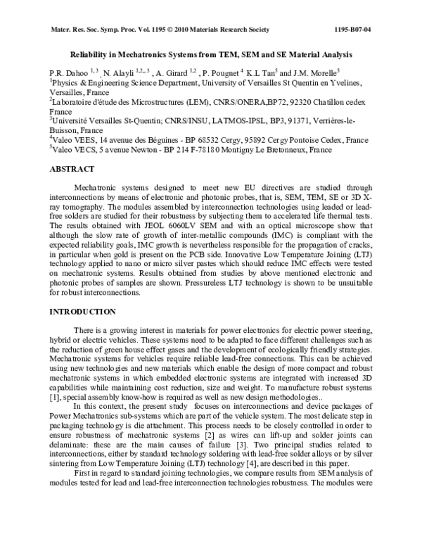 (PDF) Reliability in Mechatronics Systems from TEM, SEM and SE Material Analysis