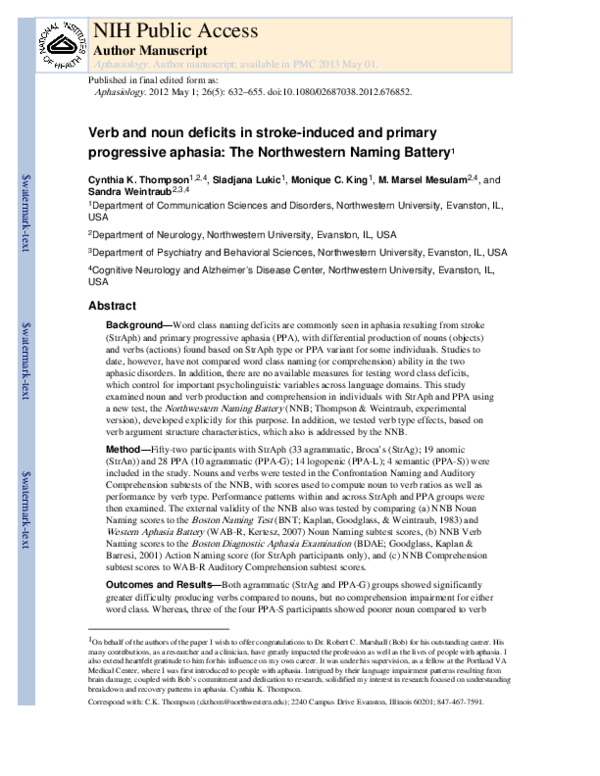 (PDF) Verb and noun deficits in stroke-induced and primary progressive ...