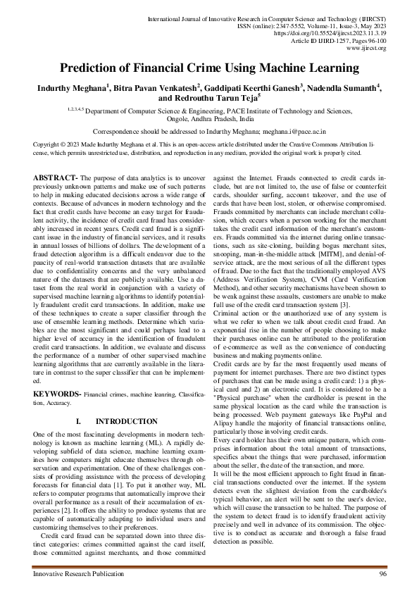 Pdf Prediction Of Financial Crime Using Machine Learning