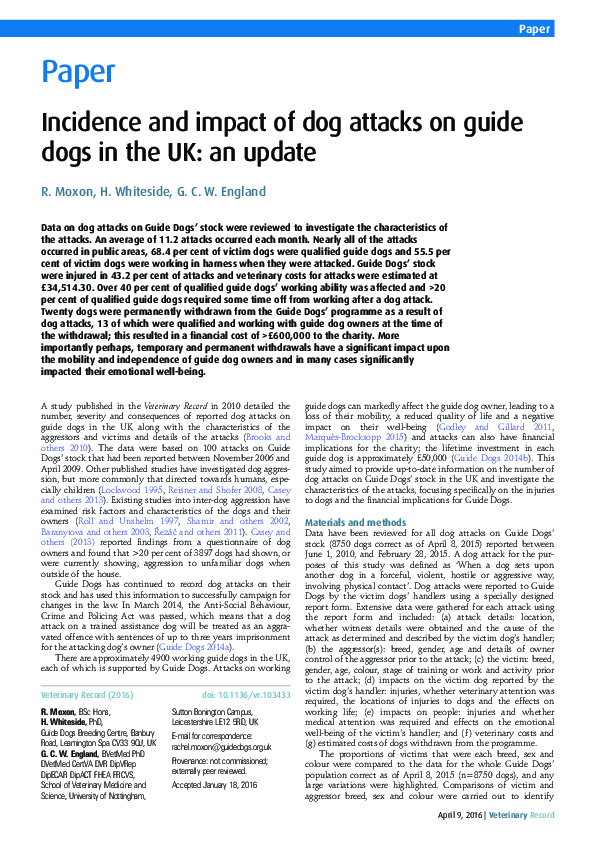 (PDF) Incidence and impact of dog attacks on guide dogs in the UK