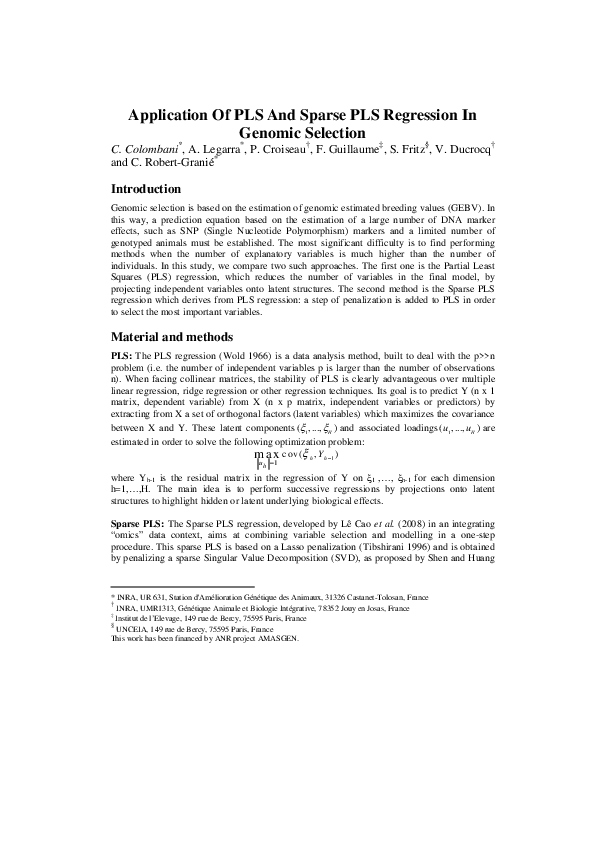 Pdf Application Of Pls And Sparse Pls Regression In Genomic Selection