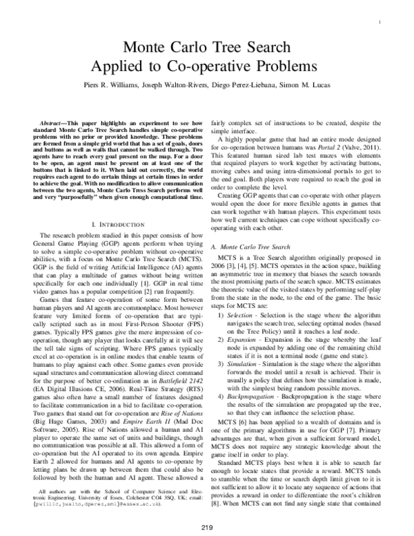 (PDF) Monte Carlo Tree Search applied to co-operative problems