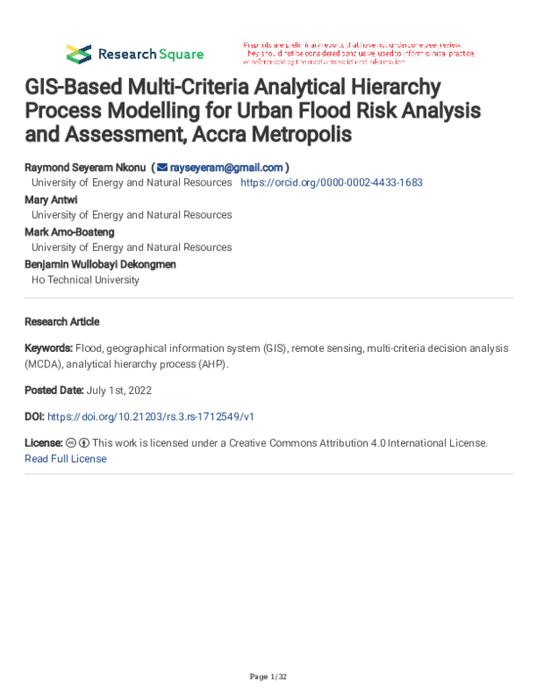 (PDF) GIS-Based Multi-Criteria Analytical Hierarchy Process Modelling for Urban Flood Risk ...