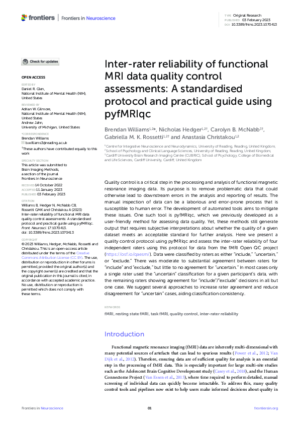 (PDF) Inter-rater reliability of functional MRI data quality control assessments: A standardised ...