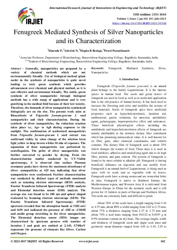 (PDF) Fenugreek Mediated Synthesis of Silver Nanoparticles and its Characterization