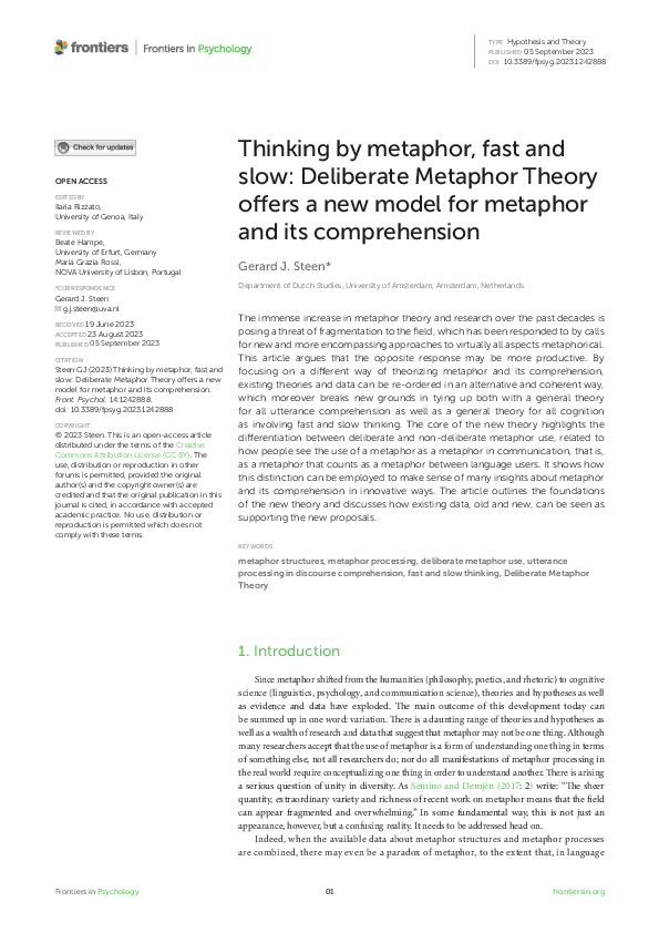 (PDF) Thinking by metaphor, fast and slow: Deliberate Metaphor Theory offers a new model for ...