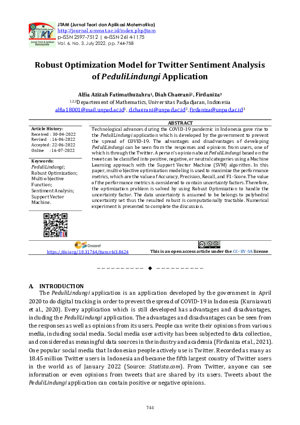 (PDF) Robust Optimization Model for Twitter Sentiment Analysis of PeduliLindungi Application