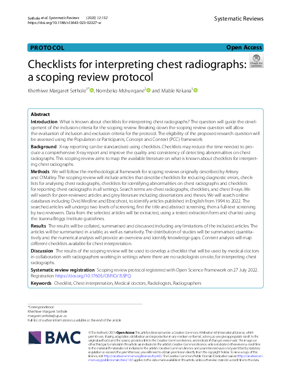 Pdf Checklists For Interpreting Chest Radiographs A Scoping Review Protocol
