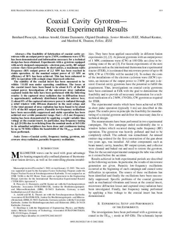 (PDF) Coaxial cavity gyrotron- recent experimental results