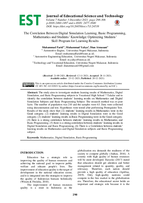 (PDF) The Correlation Between Digital Simulation Learning, Basic Programming, Mathematics and ...