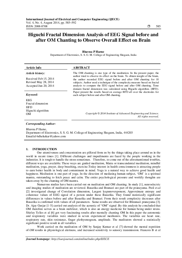 (PDF) Higuchi Fractal Dimension Analysis of EEG Signal Before and After OM Chanting to Observe ...